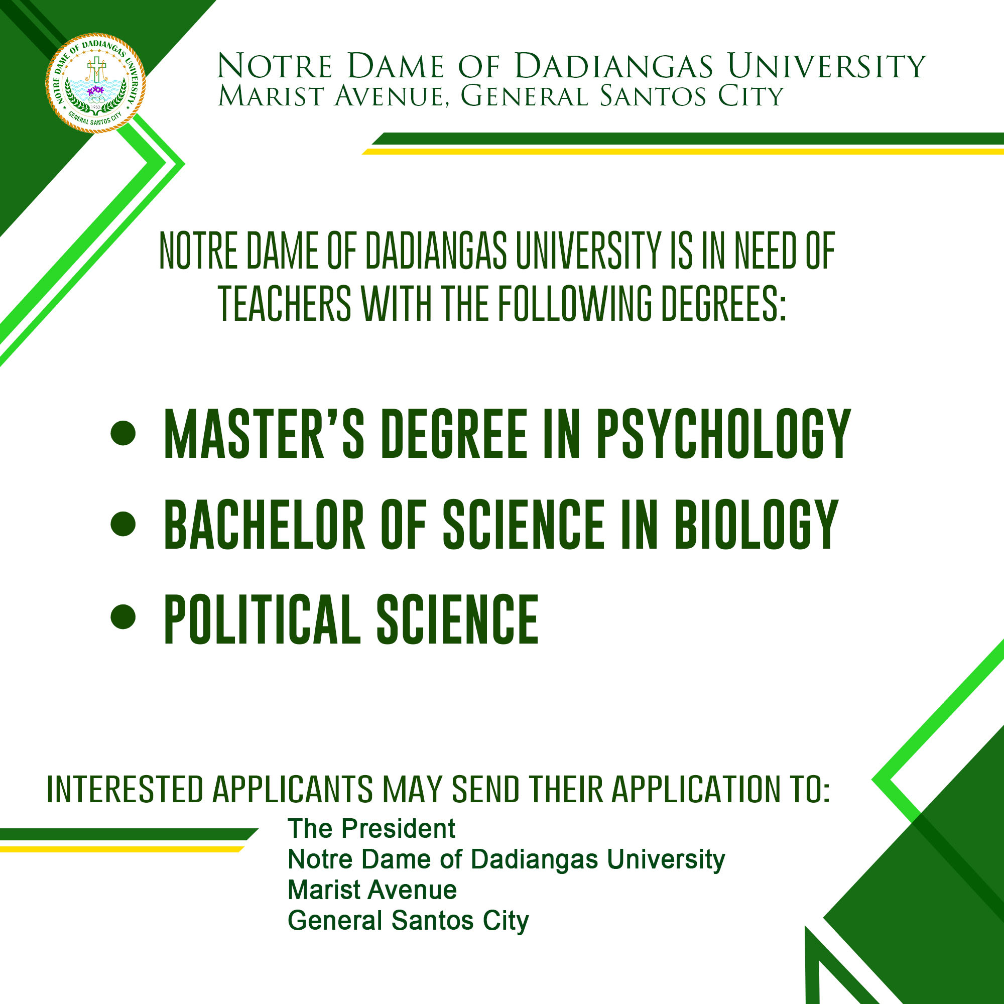 New Job Offers in NDDU – Notre Dame of Dadiangas University